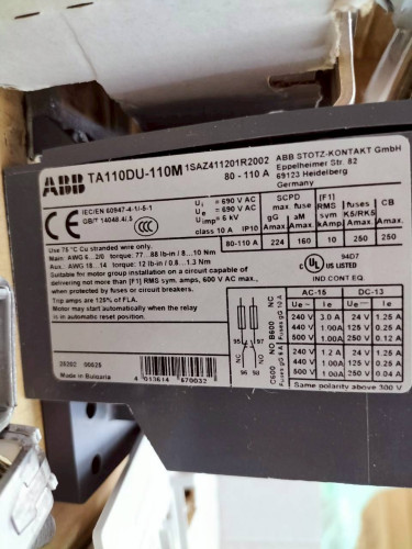 ABB THERMAL OVERLOAD RELAY MODEL: TA110DU-110M 80-110A ราคา 2,475.00 บาท