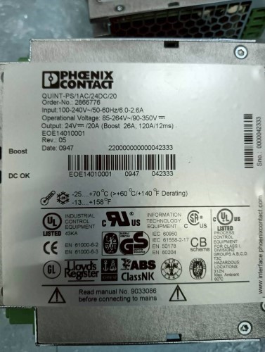 PHOENIX CONTACT POWER SUPPLY MODEL: QUINT PS/1AC/24DC 20A NO.2866776 ...