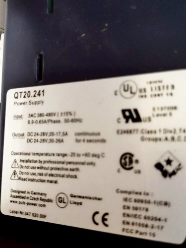 PULS DIMENSION POWER SUPPLY MODEL: QT20.241 IN.3AC 380-480V OUT.DC24 ...