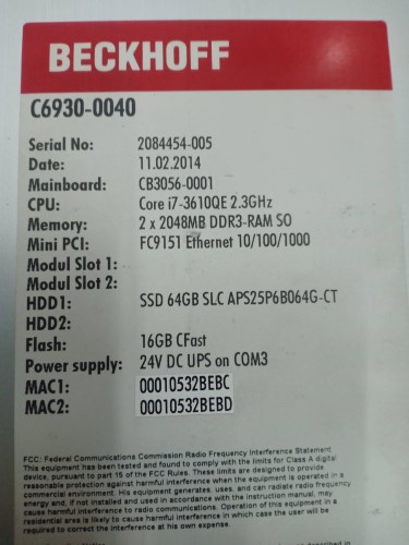 BECKHOFF CONTROL CABINET INDUSTRIAL PC MODEL: C6930-0030 โทรสอบถามราคา