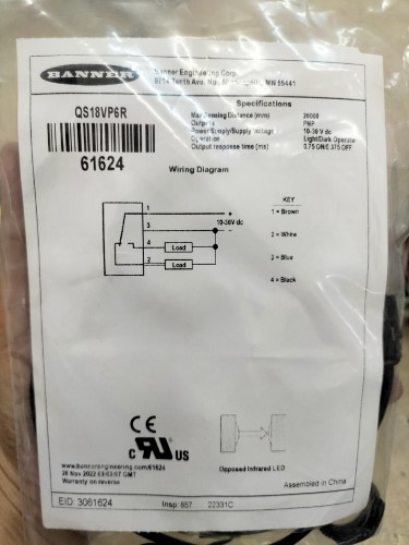BANNER PHTO ELECTRIC SENSOR MODEL: QS18VP6R 10-30VDC + QS186E 10-30VDC ...