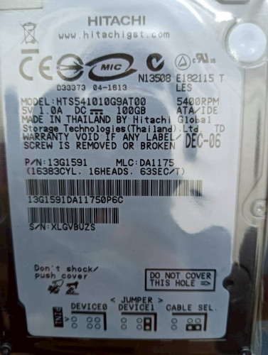 HITACHI HARD DRIVE MODEL: HTS421010M9AT00 IDE 2.5" HDD 10GB ราคา 5,890. ...