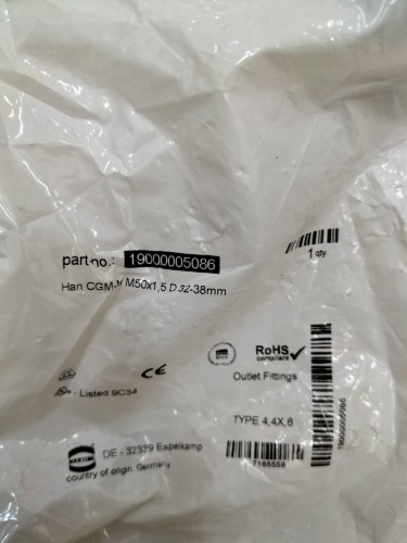 HARTING CABLE GLAND WITH WIRE SEAL M50x1,5 D.32-38MM. NO. 19000005086 ...
