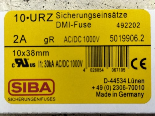 SIBA FUSE LINK 2A 1000 VAC GR 10*38 ราคา 160 บาท