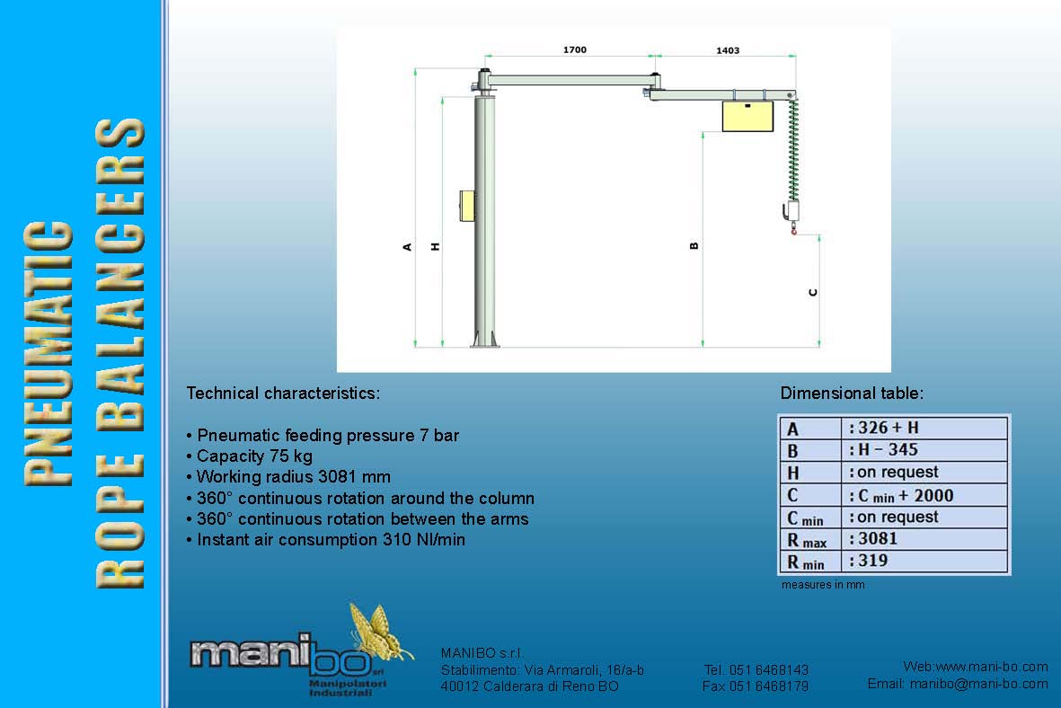 Manibo Pillar Jib Crane ROPE BALANCER BFCS 75 เครื่องฃ่วยยกแบบแขนกล 75 kg.