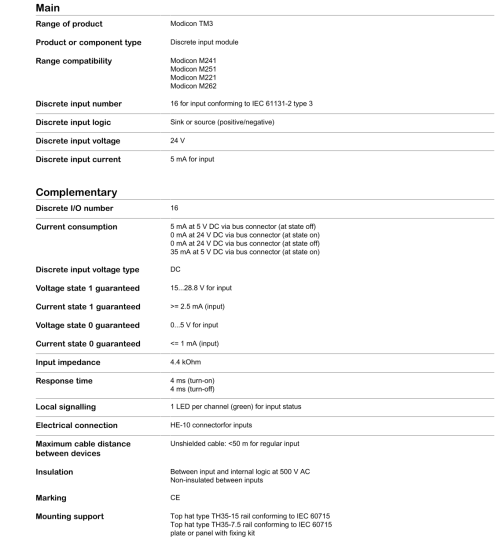 TM3DI16K Discrete input module, Modicon TM3, 16 inputs (HE10) 24 VDC