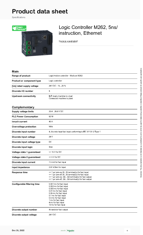 TM262L10MESE8T Logic Controller M262, 5ns/instruction, Ethernet