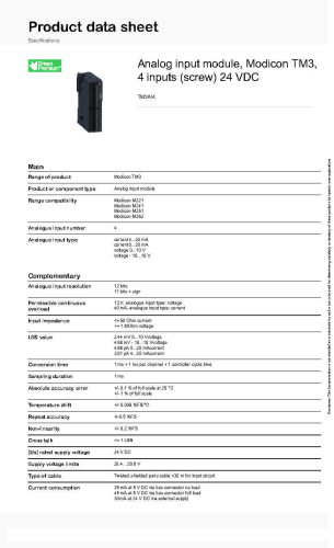 TM3AI4 Analog input module, Modicon TM3, 4 inputs (screw) 24 VDC