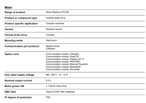 ATV320U11N4C Variable speed drive, Altivar Machine ATV320, 1.1 kW, 380 ...