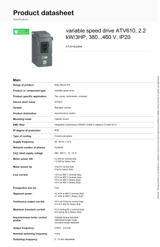 ATV610U22N4 variable speed drive ATV610, 2.2 kW/3HP, 380...460 V, IP20