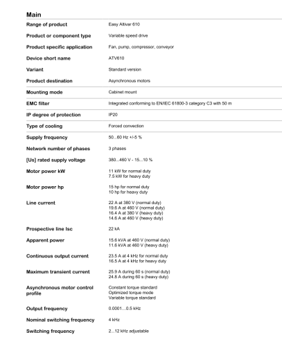 ATV610D11N4 variable speed drive ATV610, 11 kW/15HP, 380...460 V, IP20