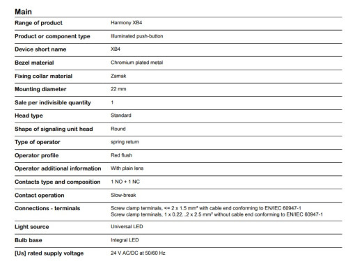 XB4BW34B5 Illuminated push button, Harmony XB4, metal, red flush, 22mm ...
