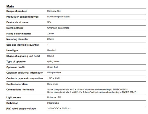 XB4BW33M5 Illuminated push button, Harmony XB4, metal, green flush ...