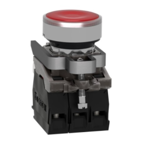 XB4BW34B5 Illuminated push button, Harmony XB4, metal, red flush, 22mm, universal LED, plain lens, 1
