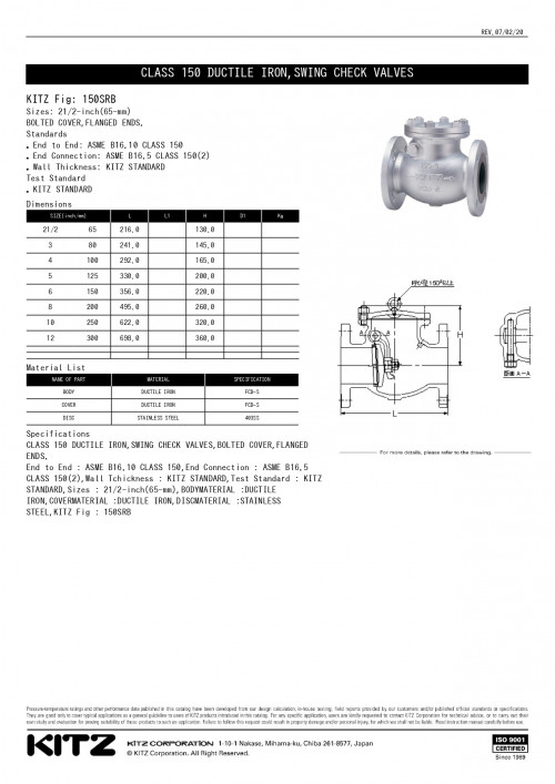 KITZ รุ่น 150SRB Ductile Iron Swing Check Valve Class 150 Flange End 150P