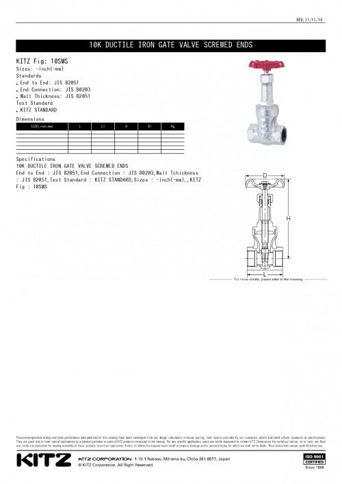 KITZ รุ่น 10SMS Ductile Iron Body Gate Valve Class 10K Thread End