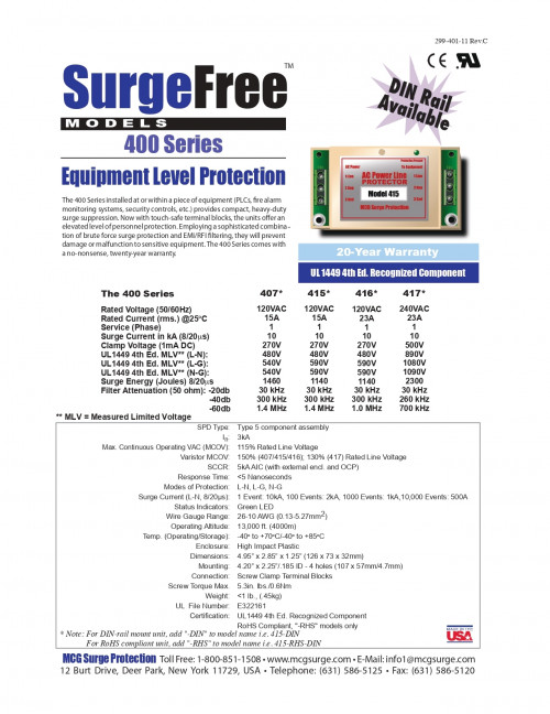 MCG AC Power Line Surge Protector,240V, 1Ph, 2w+g 10kA model. 417