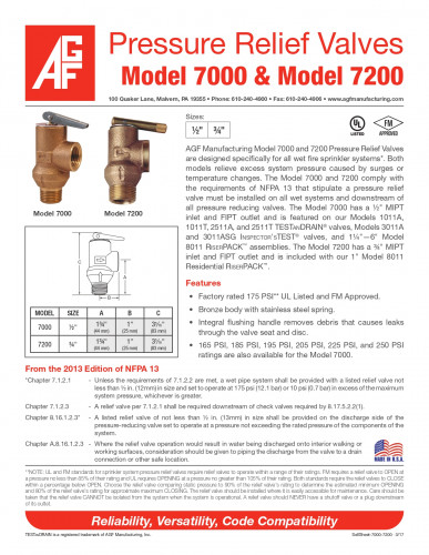AGF Model 7000 Pressure Relief Valve size 1/2" UL/FM