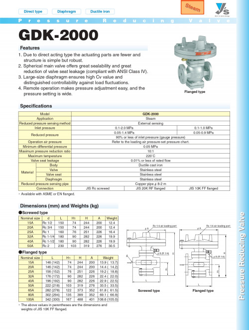 YOSHITAKE Pressure Reducing Valve Flange End JIS 20K model. GDK-2000