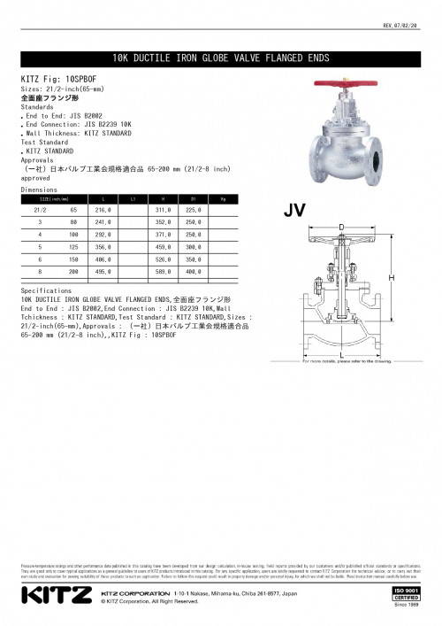 KITZ รุ่น 10SPBOF Ductile Iron Body Globe Valve Class 10K Flange End JIS10K