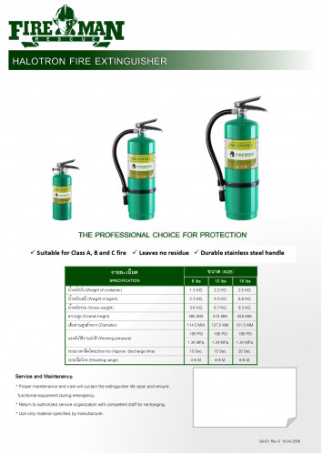 FIREMAN ถังดับเพลิงชนิดน้ำยาเหลวระเหยฮาโลตรอน HALOTRON ดับไฟชนิด ABC