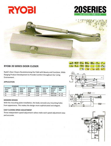 RYOBI โช๊คอัพบานสวิงแบบแขนขนานตั้งค้างประตู 90x210 cm.น้ำหนัก 25-45 kg.รุ่น S-22P