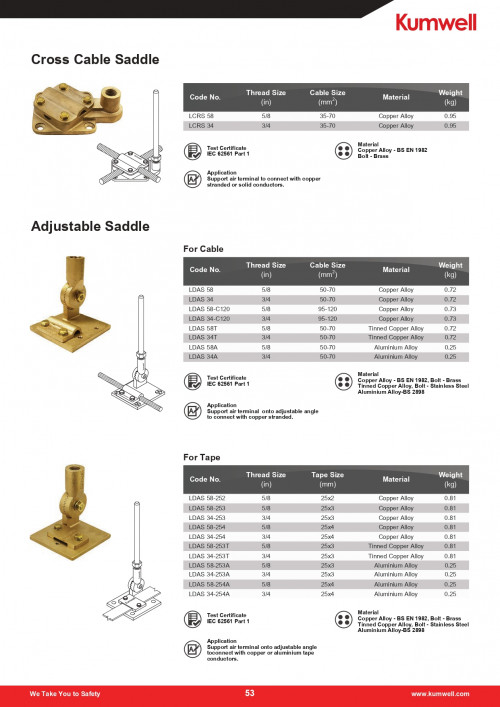 KUMWELL LDAS 58-254A Adjustable Saddle for Tape Thread Size 5/8", Cable Size 25x4 mm Aluminium