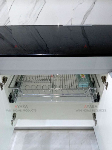 ชุดครัว Built-in โครงซีเมนต์บอร์ด หน้าบาน Hi Gloss สีเทาเงา