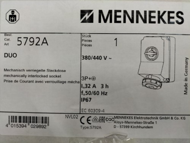 MENNEKS 5792A 32A-3H 380/440V IP67 ราคา 6,400 บาท