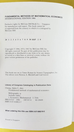Fundamental Methods of Mathematical Economics by Alpha C. Chiang