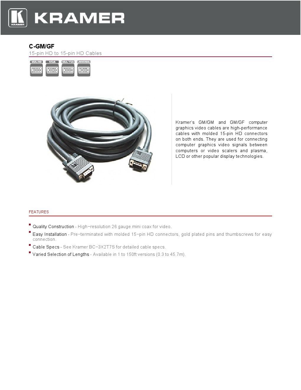 VGA Kramer Cable ยาว 1.8m (M-M)