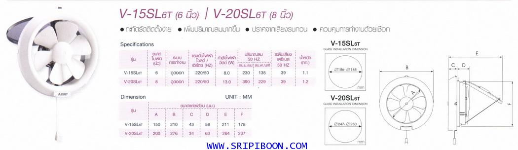 พัดลมดูดอากาศ รุ่น V-20SL7T MITSUBISHI มิตซูบิชิ ขนาด 8 นิ้ว