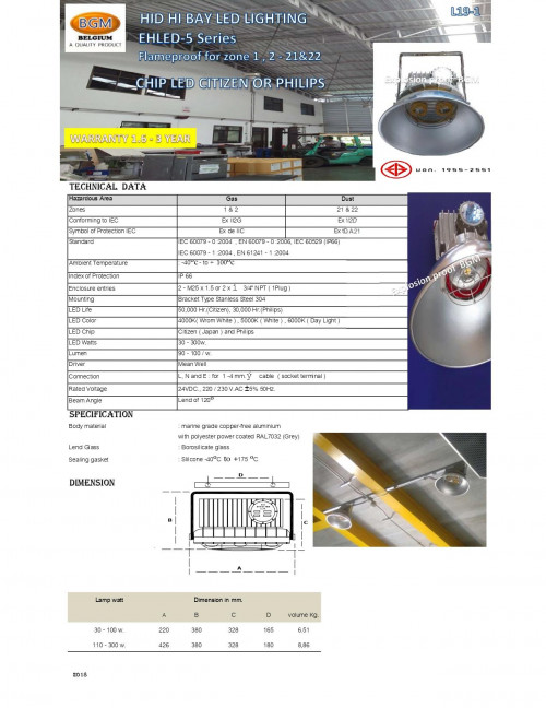 BGM HI BAY LED LAMP Explosion Proof 150W. 220‐230VAC.MODEL: EHLED 5 ‐ 150‐5