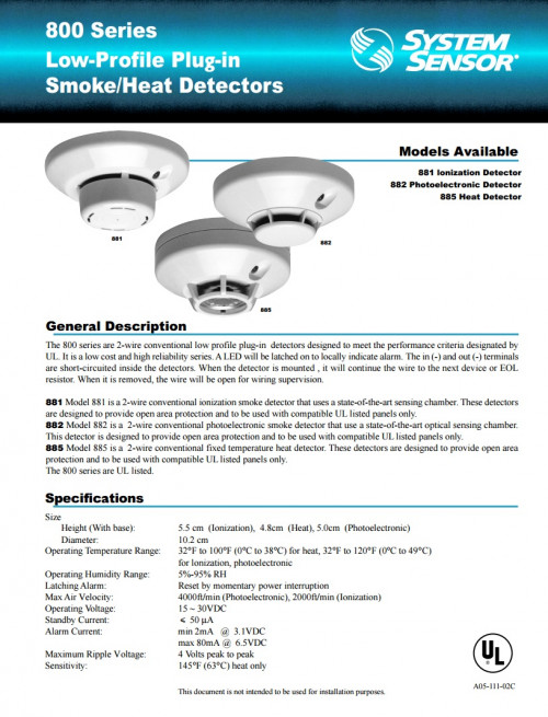 SYSTEMSENSOR 882 Photoelectric Smoke Detector, 2-Wire, Plug-in with B801RA