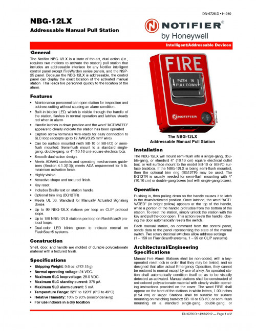 NOTIFIER NBG-12LX Addressable Manual Pull Station