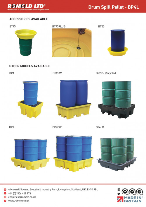 ROMOLD BP4LD 4-Drums Spill Pallet with Drian Plug พาเลทรองถังสารเคมี