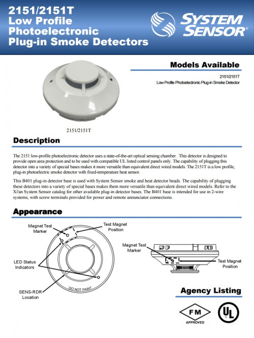 SYSTEMSENSOR 2151 Photoelectric Smoke Detector, Plug-in, Low-Profile ...