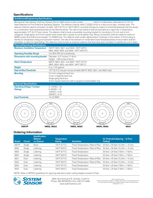 SYSTEMSENSOR 5602 Heat Detector, Rate of Rise and Fixed Temperature 200'F