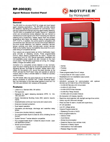 NOTIFIER RP-2002E Agent release control panel, 220/240 VAC.