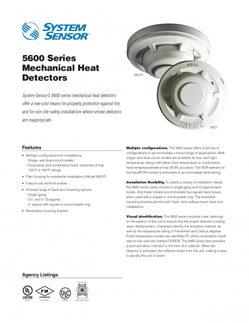 SYSTEMSENSOR 5601P Heat Detector, Rate of Rise and Fixed Temperature 135'F