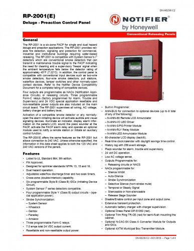 NOTIFIER RP-2001E Pre-action deluge control panel, 220/240 VAC.