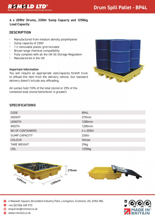 ROMOLD BP4LD 4-Drums Spill Pallet with Drian Plug พาเลทรองถังสารเคมี