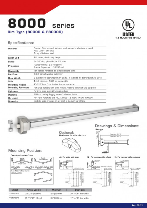 YANK คานผลักประตูหนีไฟบานเดี่ยว PANIC BAR รุ่น 8000R มาตรฐาน UL