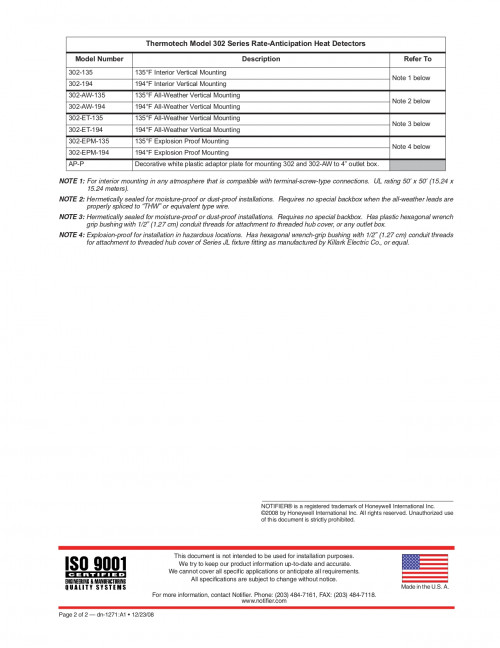 NOTIFIER 302-EPM-194 Rate-Anticipation Heat Detectors 194'F Explosion ...