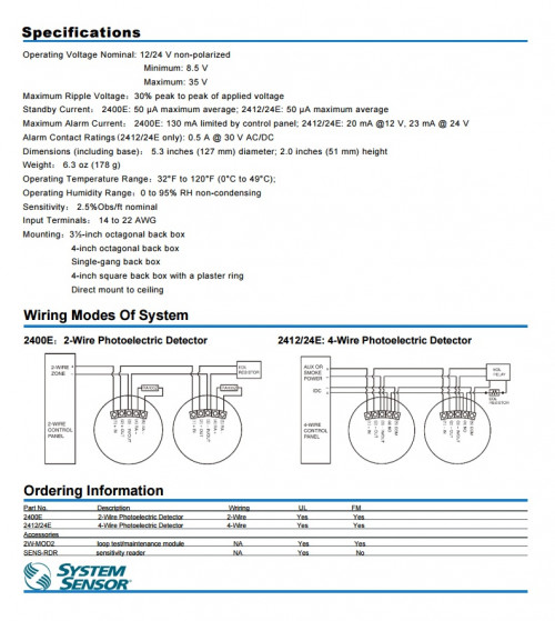 SYSTEMSENSOR 2412/24E 4-wire Photoelectric Smoke Detector with Base