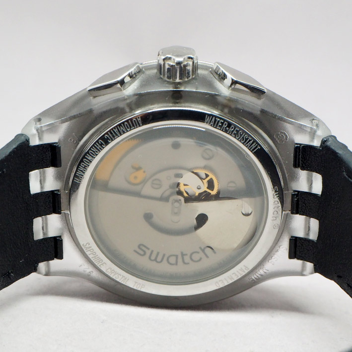 SWATCH SWISS automatic chronograph ขนาด 45mm หน้าปัดสีเงินลายเส้นสลับ ...